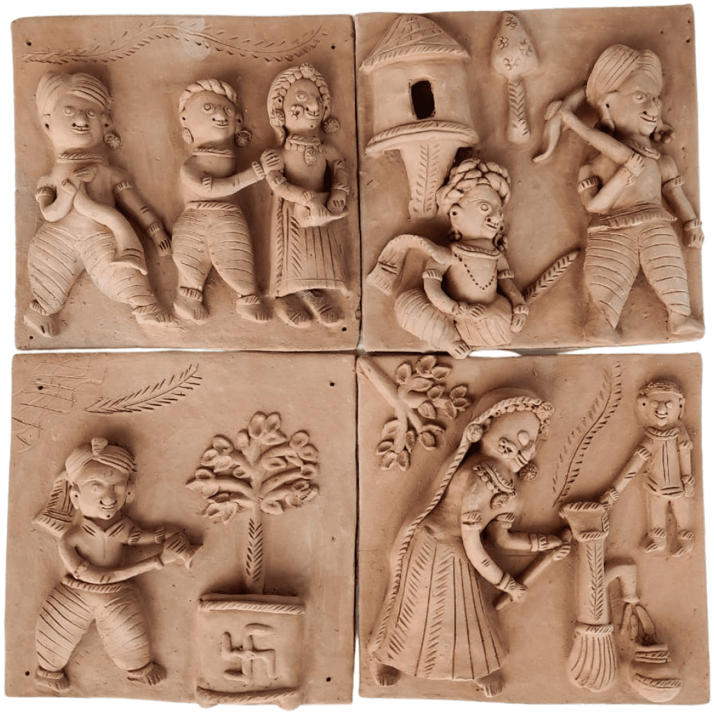 Beautiful Glimpse To A Village Life Clay Plaques - Set Of 4